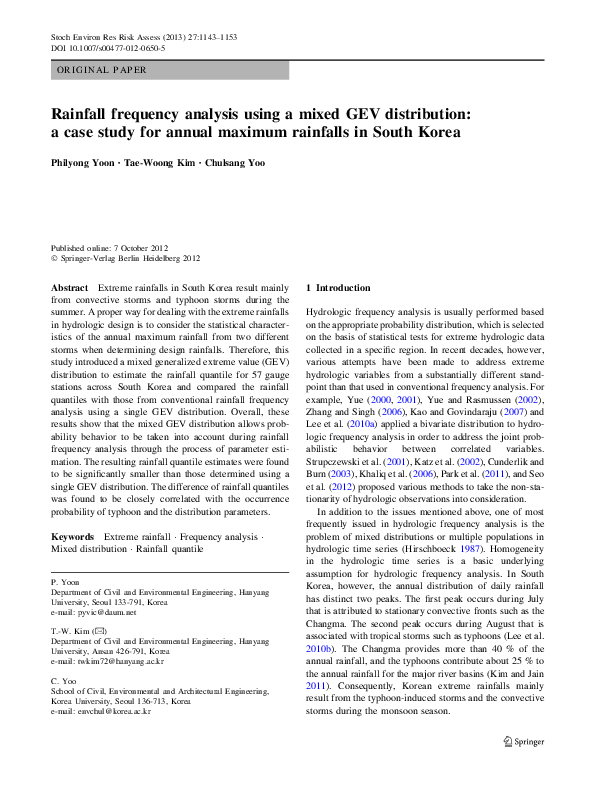 (PDF) Rainfall frequency analysis using a mixed GEV distribution: a ...