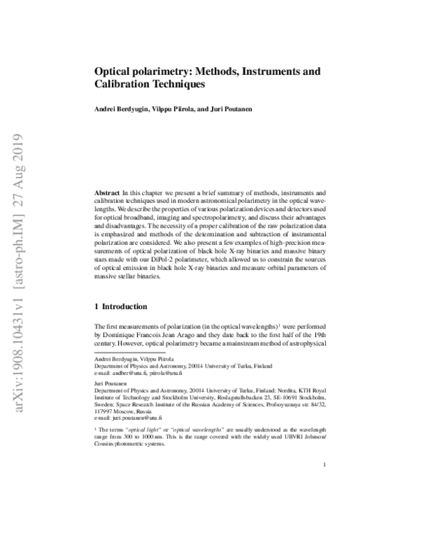 (PDF) Optical Polarimetry: Methods, Instruments and Calibration Techniques