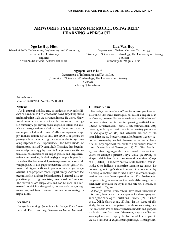 (PDF) Artwork style transfer model using deep learning approach