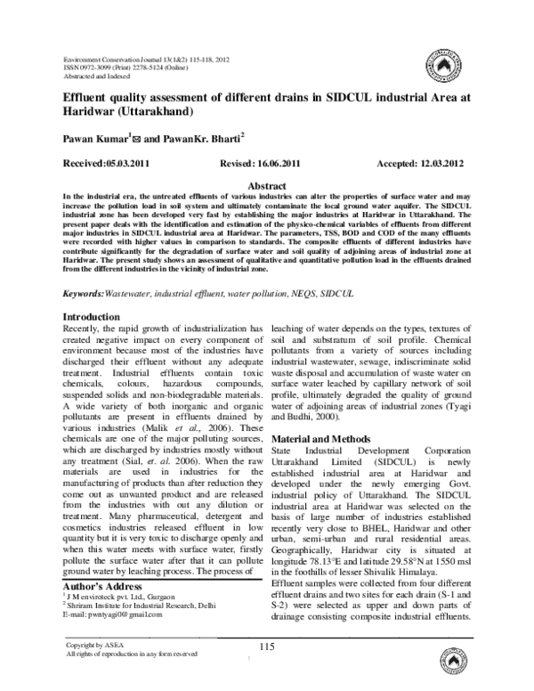 (PDF) Effluent quality assessment of different drains in SIDCUL ...