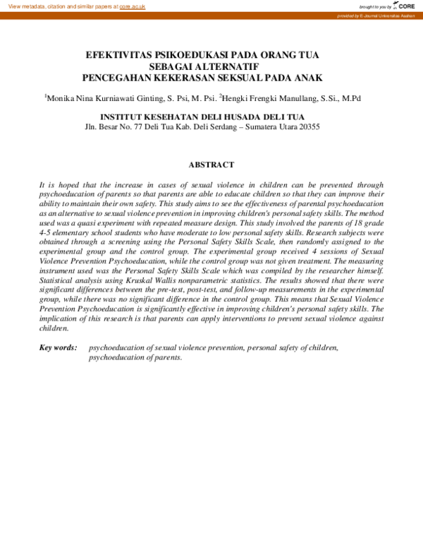 (PDF) Efektivitas Psikoedukasi Pada Orang Tua Sebagai Alternatif Pencegahan Kekerasan Seksual ...