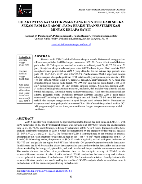 (PDF) UJI AKTIVITAS KATALITIK ZSM-5 YANG DISINTESIS DARI SILIKA SEKAM ...
