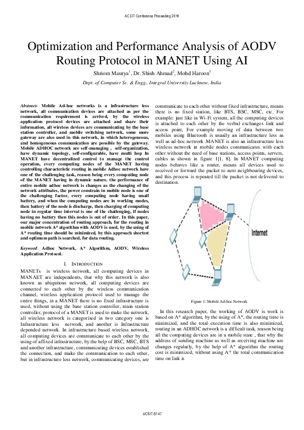 (PDF) Optimization and Performance Analysis of AODV Routing Protocol in MANET Using AI