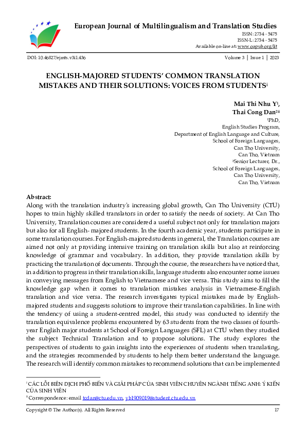 (PDF) English-Majored Students’ Common Translation Mistakes and Their ...