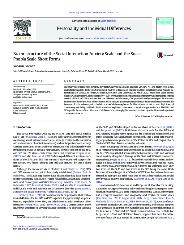 (PDF) Factor structure of the Social Interaction Anxiety Scale and the ...