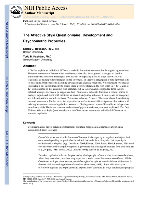 (PDF) The Affective Style Questionnaire: Development and Psychometric ...