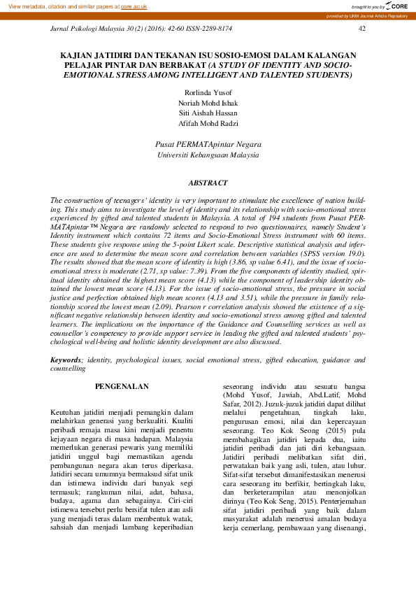 (PDF) Kajian jatidiri dan tekanan isu sosio-emosi dalam kalangan pelajar pintar dan berbakat