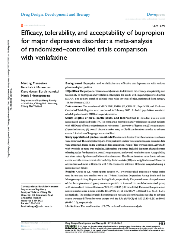 (PDF) Efficacy, tolerability, and acceptability of bupropion for major ...