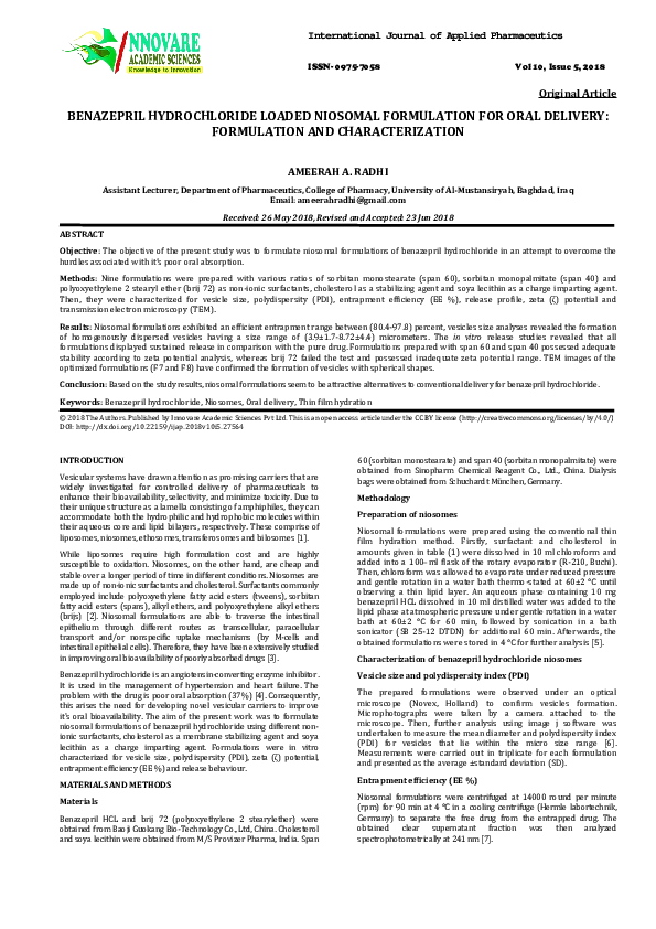 Pdf Benazepril Hydrochloride Loaded Niosomal Formulation For Oral Delivery Formulation And