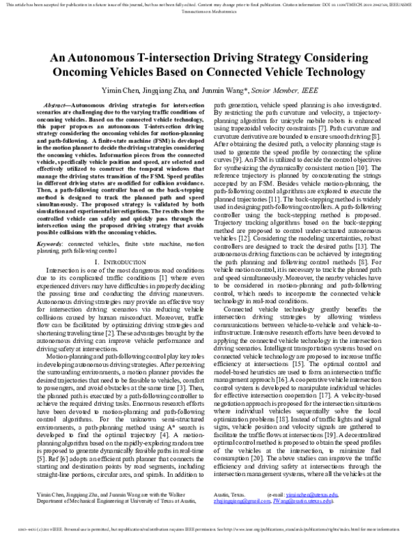 (PDF) An Autonomous T-Intersection Driving Strategy Considering Oncoming Vehicles Based on ...