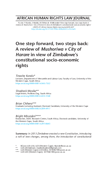 (PDF) One step forward, two steps back: A review of Mushoriwa v City of Harare in view of ...