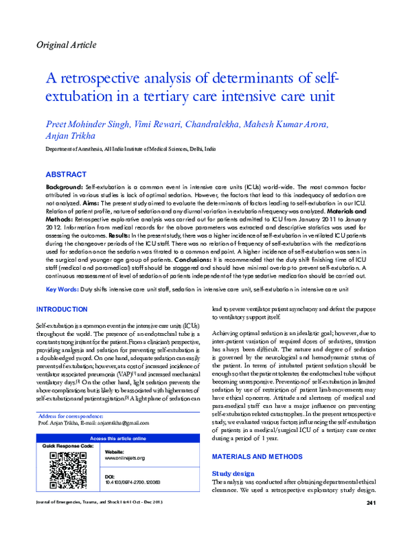 (PDF) A retrospective analysis of determinants of self-extubation in a ...