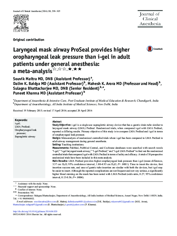 (PDF) Laryngeal mask airway ProSeal provides higher oropharyngeal leak ...