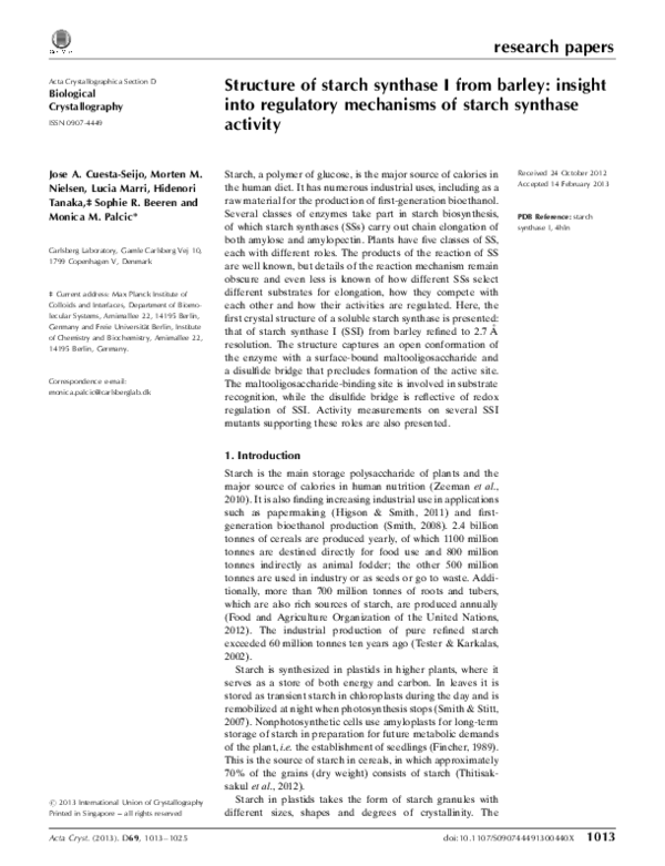 (PDF) Structure of starch synthase I from barley: insight into ...