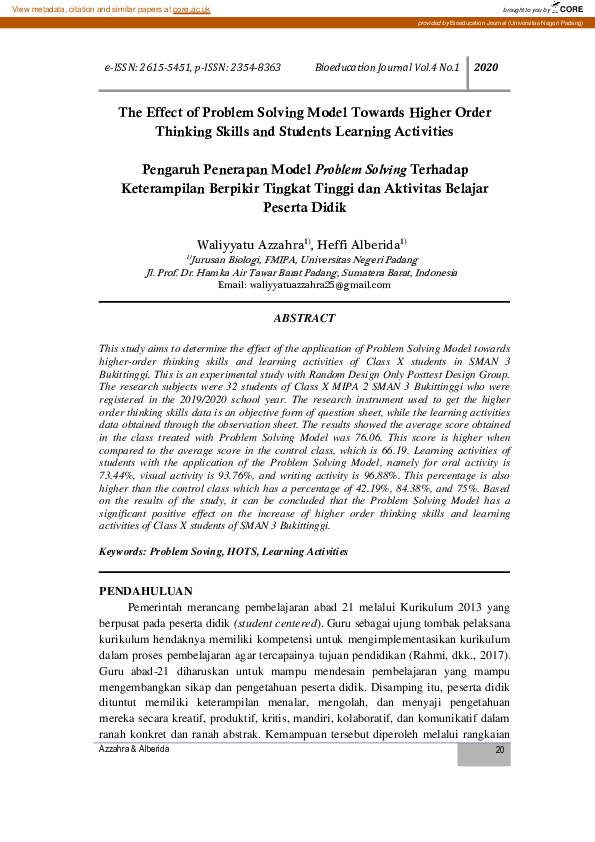 (PDF) The Effect of Problem Solving Model Towards Higher Order Thinking Skills and Students ...