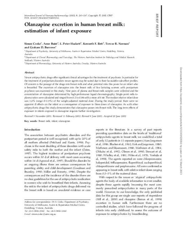 (PDF) Olanzapine excretion in human breast milk: estimation of infant ...