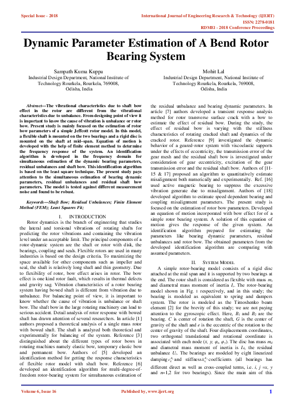 Pdf Dynamic Parameter Estimation Of A Bend Rotor Bearing System