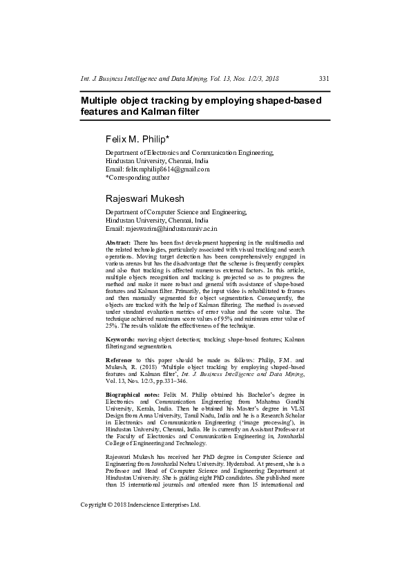 Pdf Multiple Object Tracking By Employing Shaped Based Features And