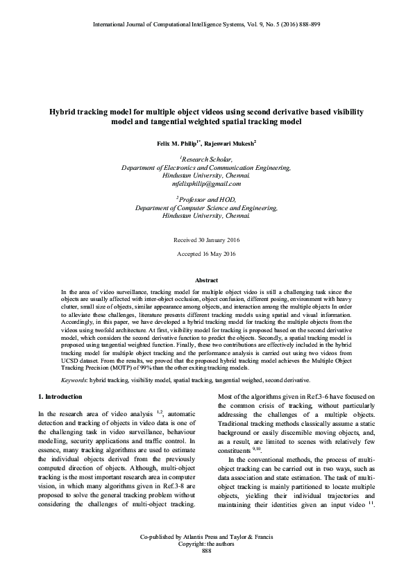 Pdf Hybrid Tracking Model For Multiple Object Videos Using Second Derivative Based Visibility