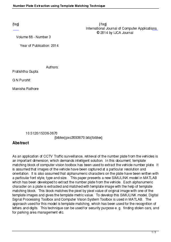 (PDF) Number Plate Extraction using Template Matching Technique