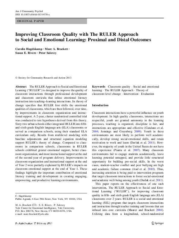 (PDF) Improving Classroom Quality with The RULER Approach to Social and ...