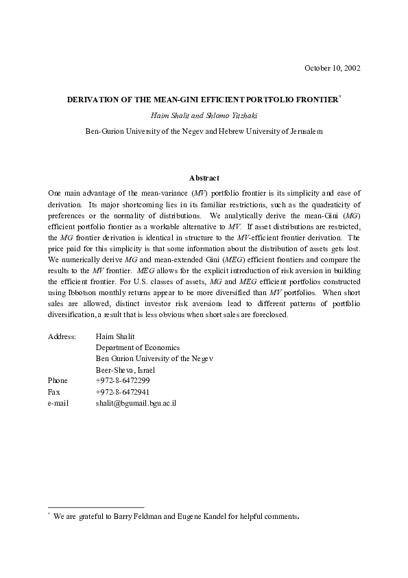 (PDF) Derivation of the Mean-Gini Efficient Portfolio Frontier