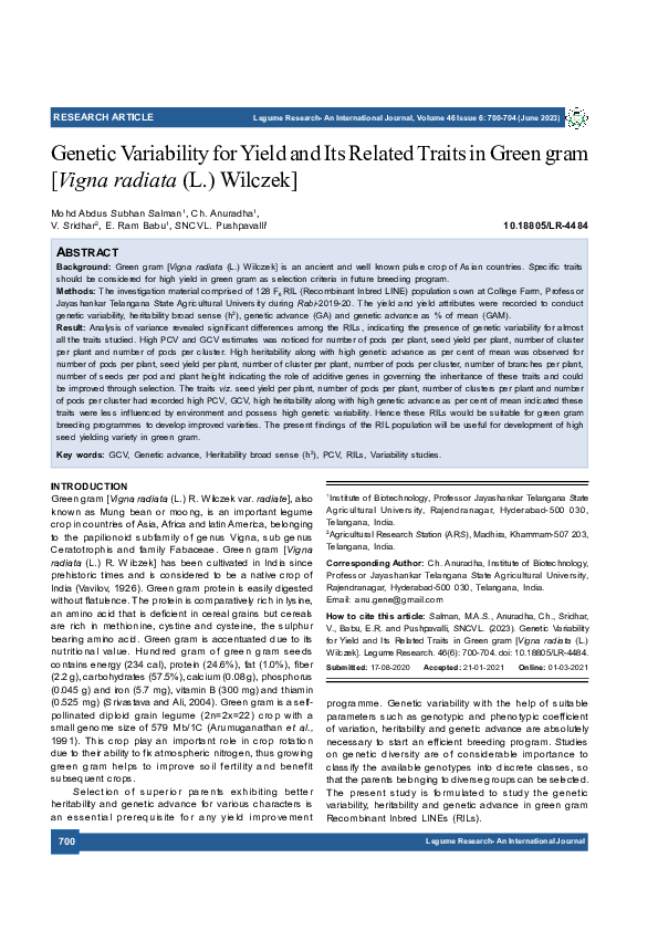 (PDF) Genetic Variability for Yield and Its Related Traits in Green gram [Vigna radiata (L.) Wilczek