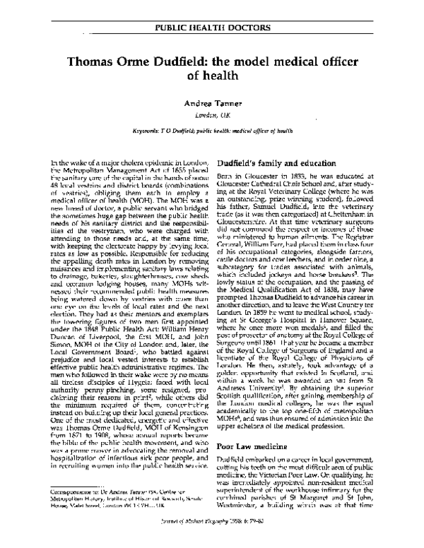 (PDF) Thomas Orme Dudfield: The Model Medical Officer of Health