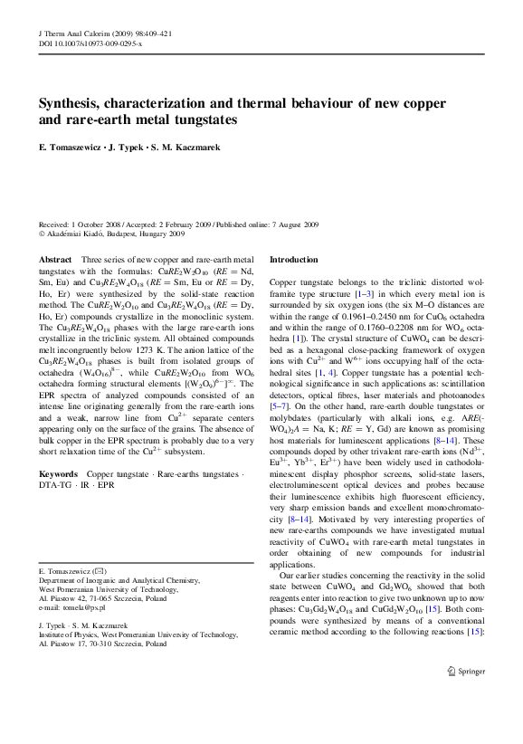 (PDF) Synthesis, characterization and thermal behaviour of new copper and rare-earth metal ...