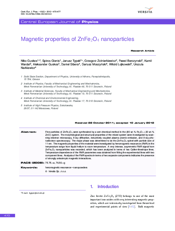 (PDF) Magnetic properties of ZnFe2O4 nanoparticles