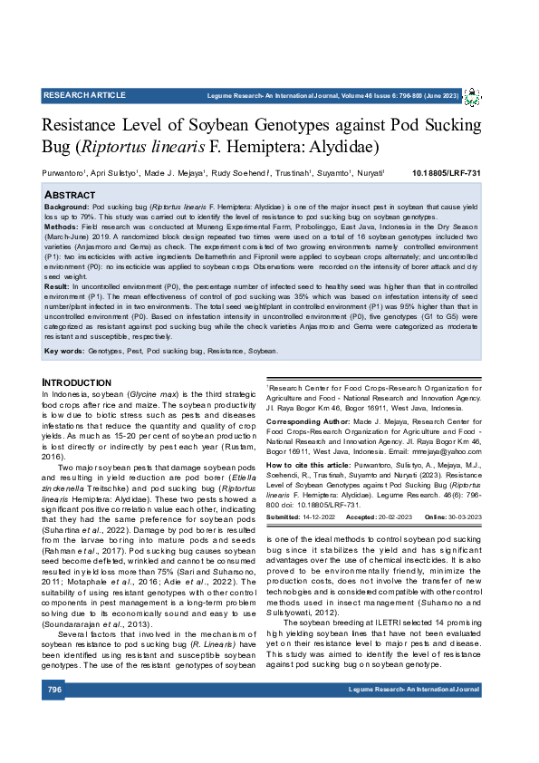 (PDF) Resistance Level of Soybean Genotypes against Pod Sucking Bug ...