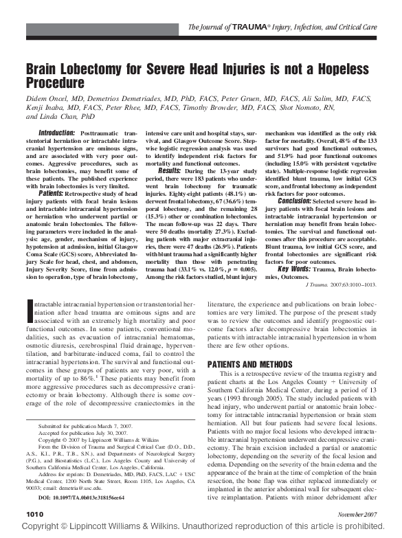(PDF) Brain Lobectomy for Severe Head Injuries is not a Hopeless Procedure