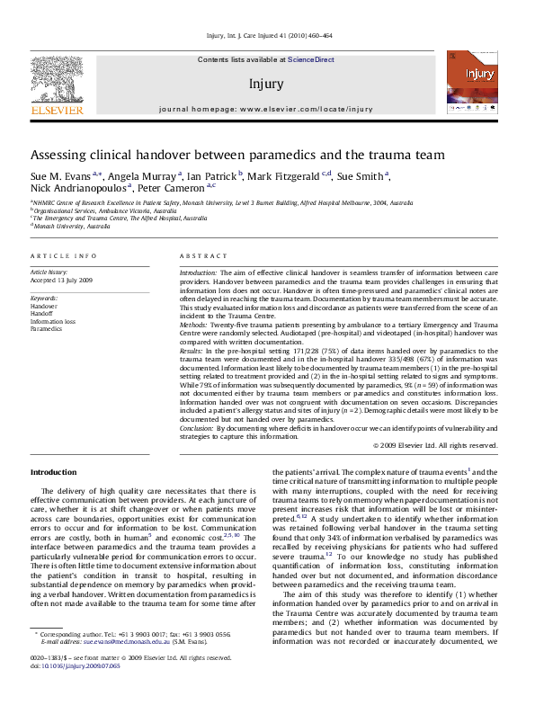 (PDF) Assessing clinical handover between paramedics and the trauma team