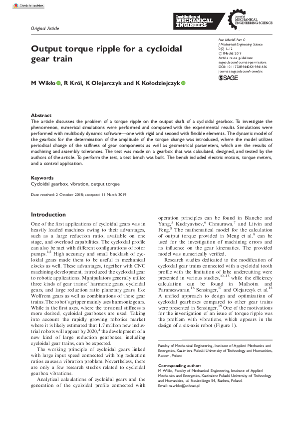 (PDF) Output torque ripple for a cycloidal gear train