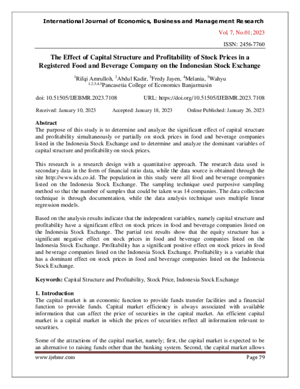 (PDF) The Effect of Capital Structure and Profitability of Stock Prices in a Registered Food and ...