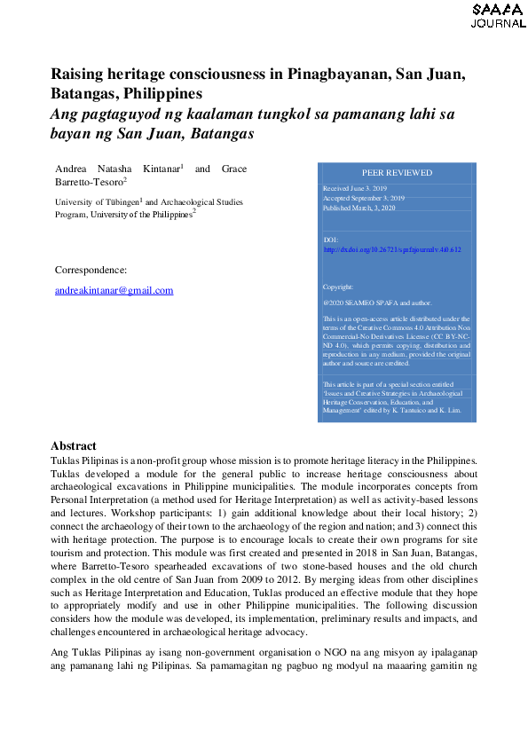 (PDF) Raising heritage consciousness in Pinagbayanan, San Juan ...