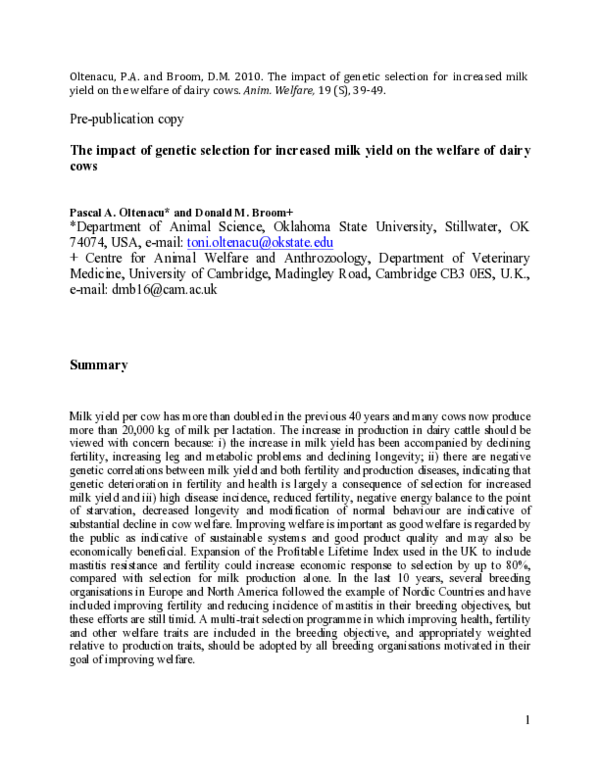 (PDF) The impact of genetic selection for increased milk yield on the ...