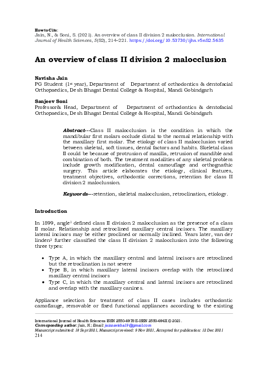 (PDF) An overview of class II division 2 malocclusion