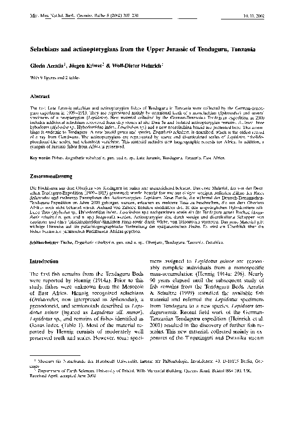 (PDF) Selachians and actinopterygians from the Upper Jurassic of ...