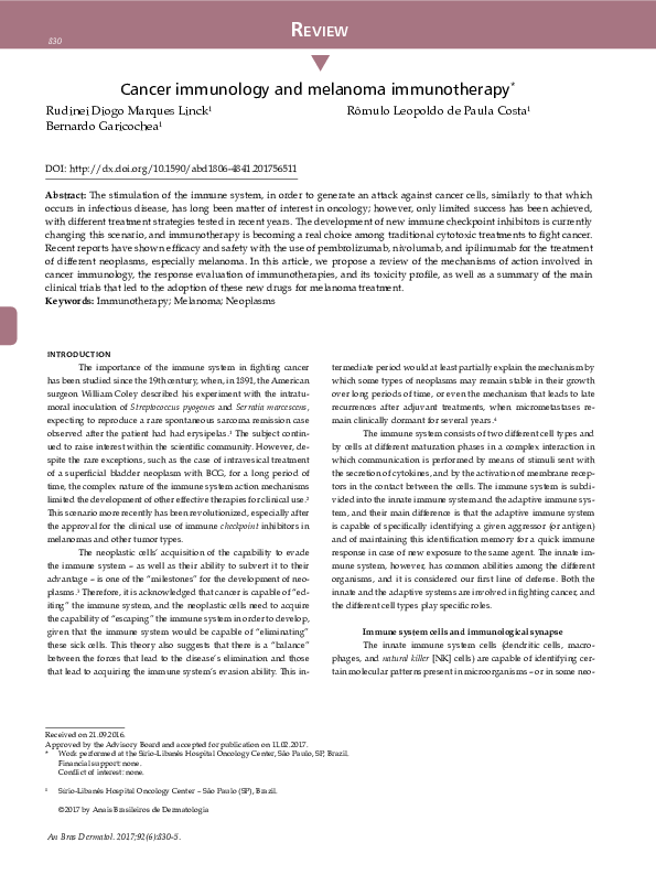 Pdf Cancer Immunology And Melanoma Immunotherapy