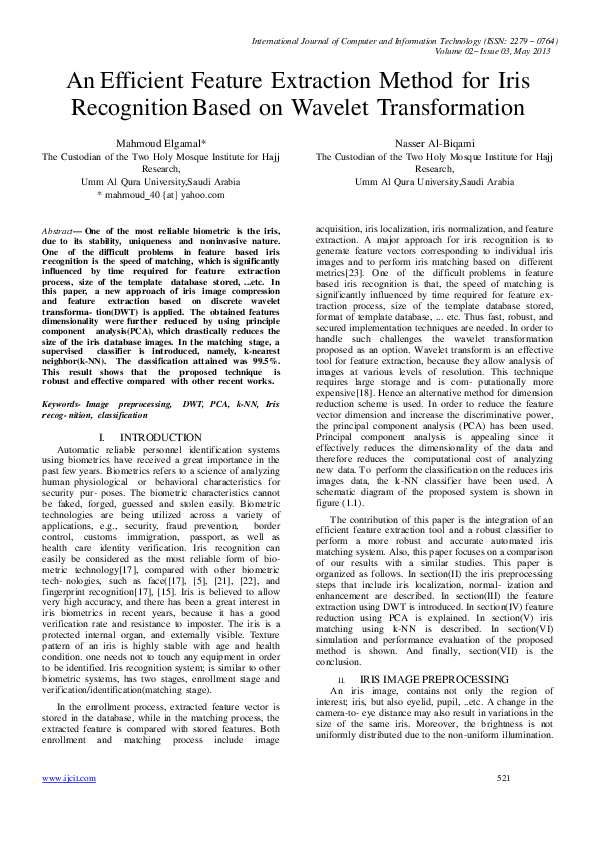 (PDF) An Efficient Feature Extraction Method for Iris Recognition Based on Wavelet Transformation