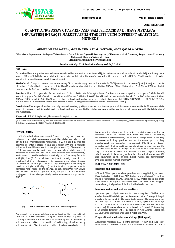 (PDF) QUANTITATIVE ASSAY OF ASPIRIN AND (SALICYLIC ACID AND HEAVY METALS AS IMPURATIES) IN IRAQI ...