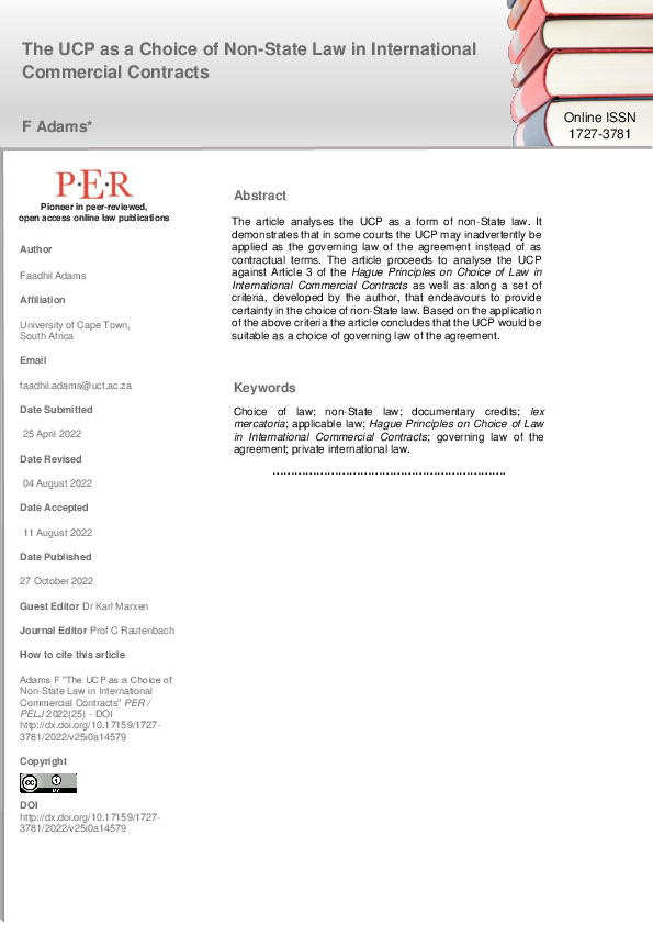 (PDF) The UCP as a Choice of Non-State Law in International Commercial ...