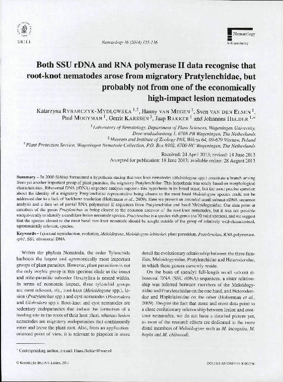 (PDF) Both SSU rDNA and RNA polymerase II data recognise that root-knot ...