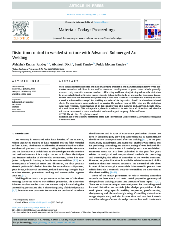(PDF) Distortion control in welded structure with Advanced Submerged Arc Welding