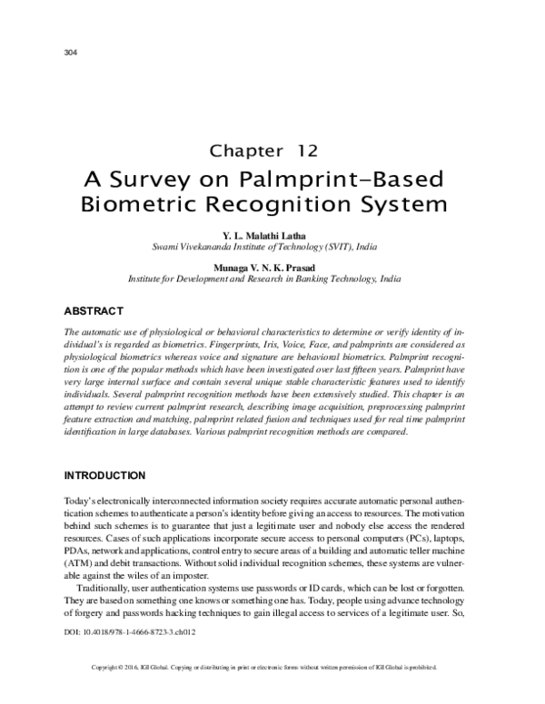 Pdf A Survey On Palmprint Based Biometric Recognition System Dr Y L Malathi Latha