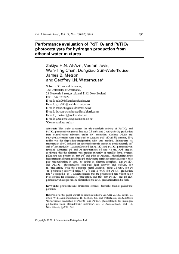Pdf Performance Evaluation Of Pd Tio2 And Pt Tio2 Photocatalysts For Hydrogen Production From