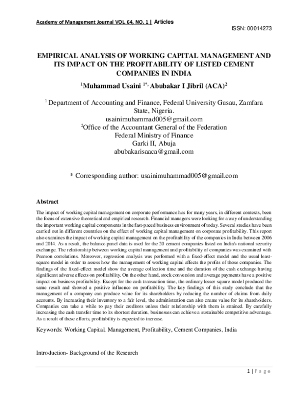 (PDF) Empirical Analysis of Working Capital Management and Its Impact on the Profitability of ...