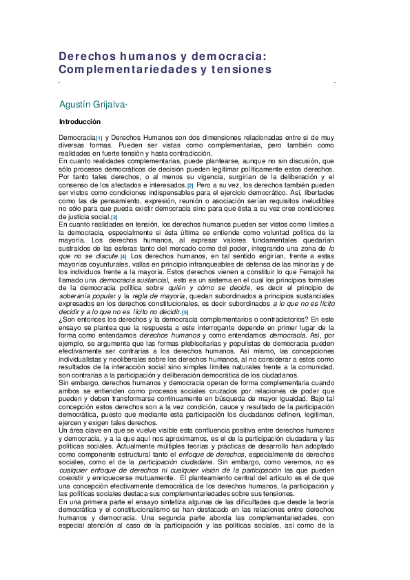(PDF) Derechos humanos y democracia: Complementariedades y tensiones | agustin manuel jimenez ...