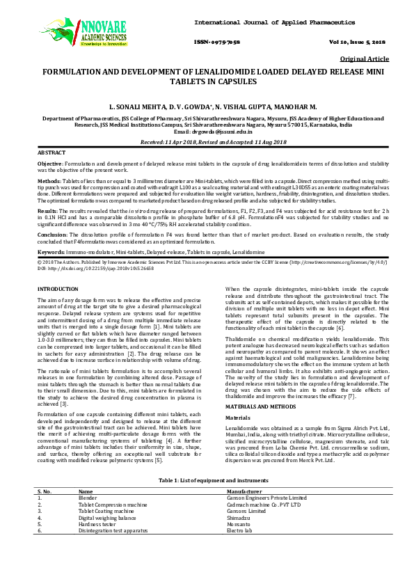 Pdf Formulation And Development Of Lenalidomide Loaded Delayed Release Mini Tablets In